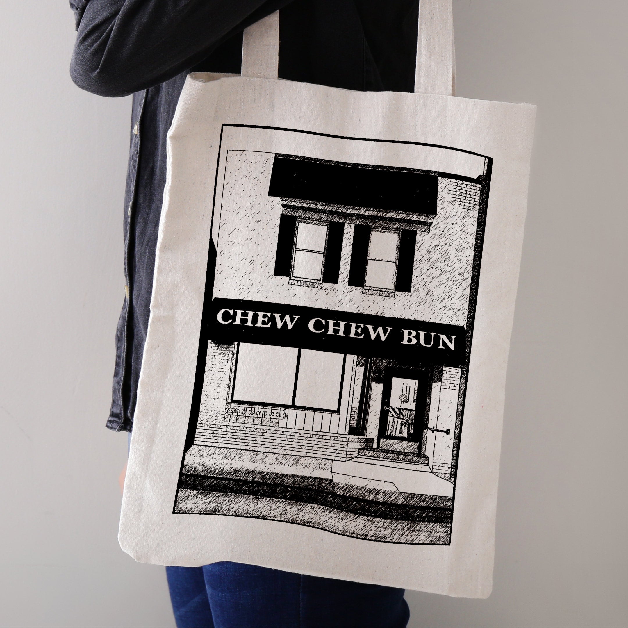 Premium Tote Bags - Downtown Storefront | Chew Chew Bun DTSC